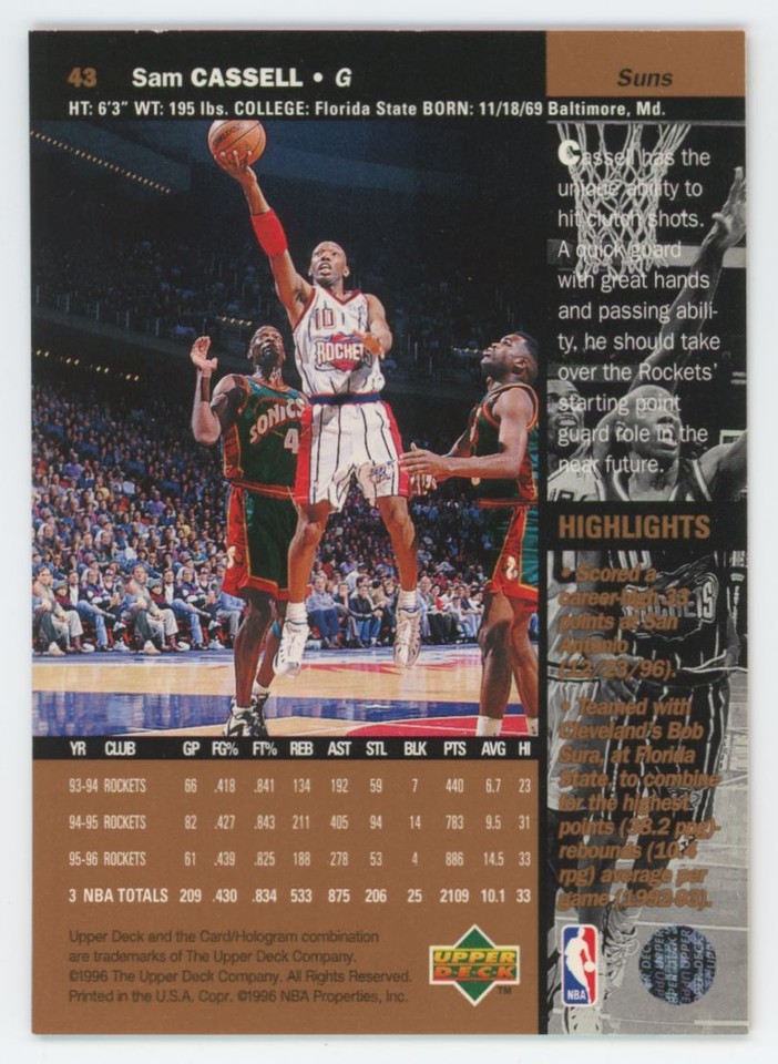 1996-97 Upper Deck Sam Cassell Houston Rockets #43 | eBay