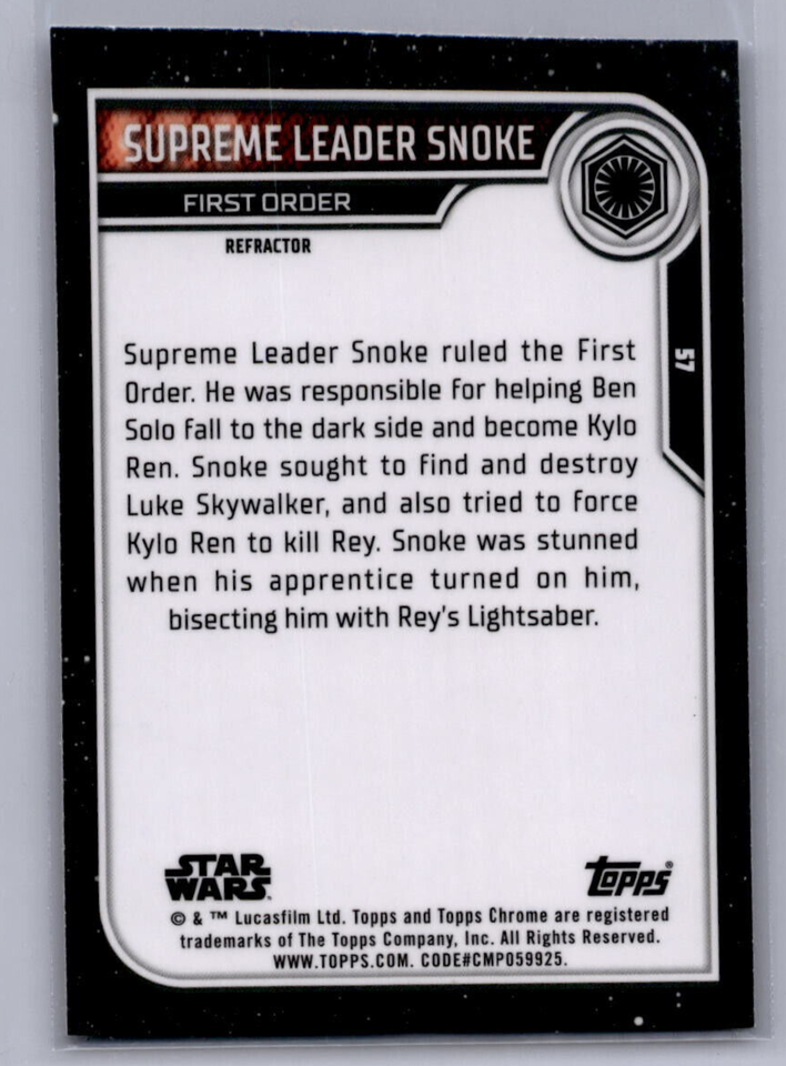 SUPREME LEADER SNOKE - REFRACTOR - FIRST ORDER - 2023 TOPPS CHROME STAR ...
