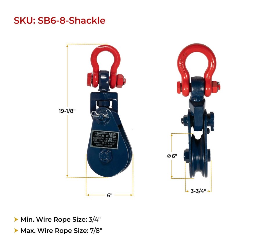 8 Ton Snatch Block w/ SHACKLE Crane 3/4 Wire Rope Sheave Tow Axle Lift ...