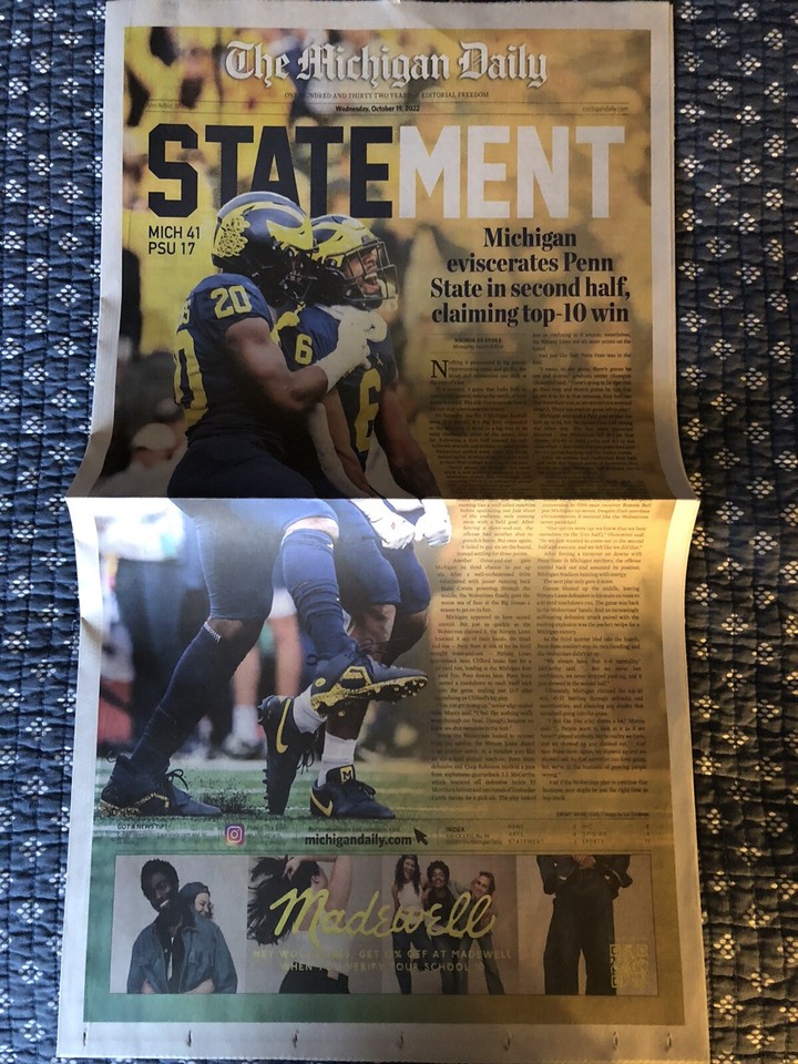 Michigan Daily Newspaper Michigan Wolverines Penn State 10/19/22 UM 41 ...