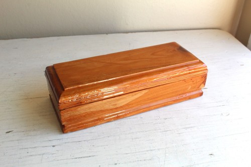 Varnished Honey Pine Oblong Shallow Wooden Ink Pen Box w Hinged Lid ...