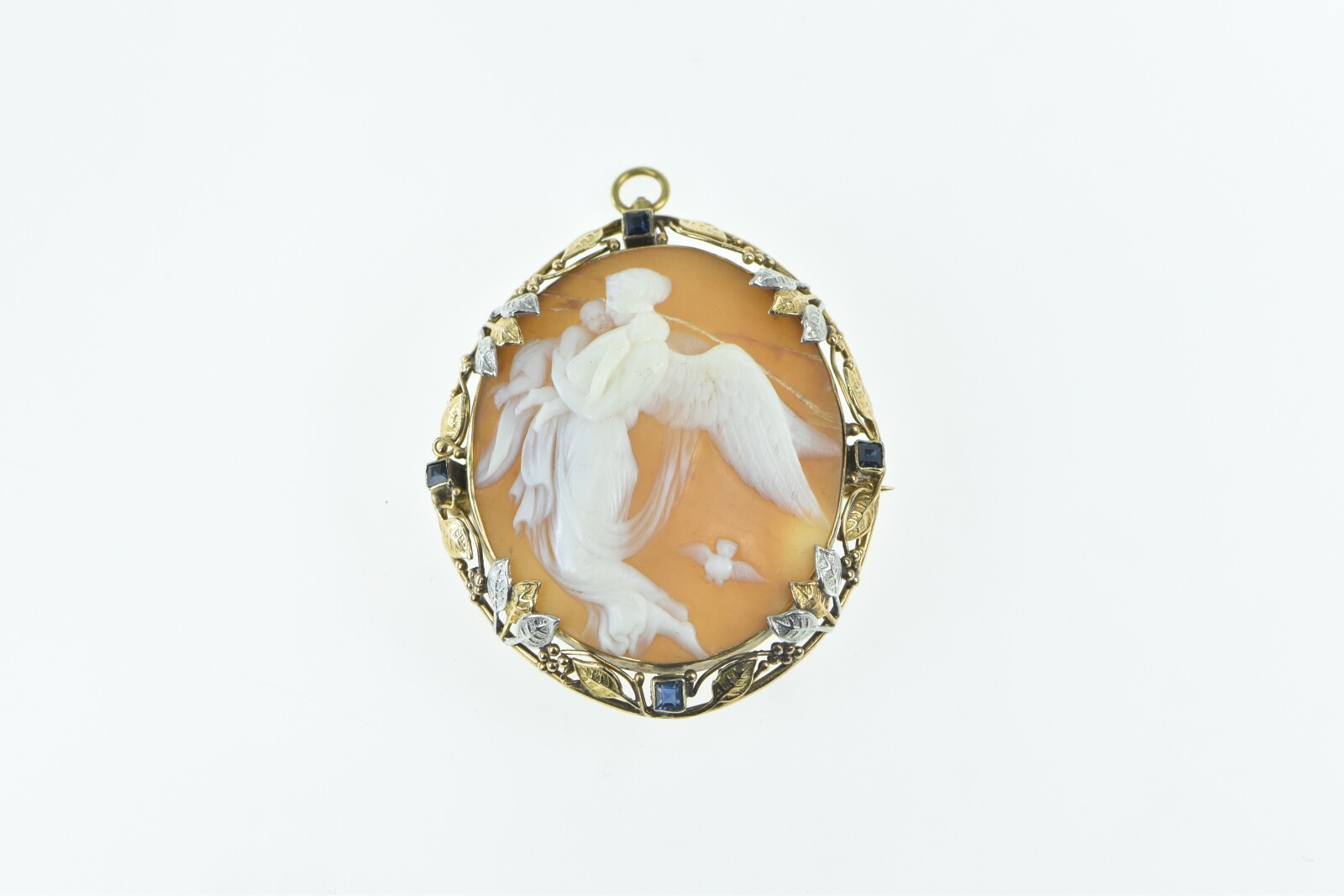 14K Victorian Angel Scene Cameo Sapphire Floral Penda… - Gem