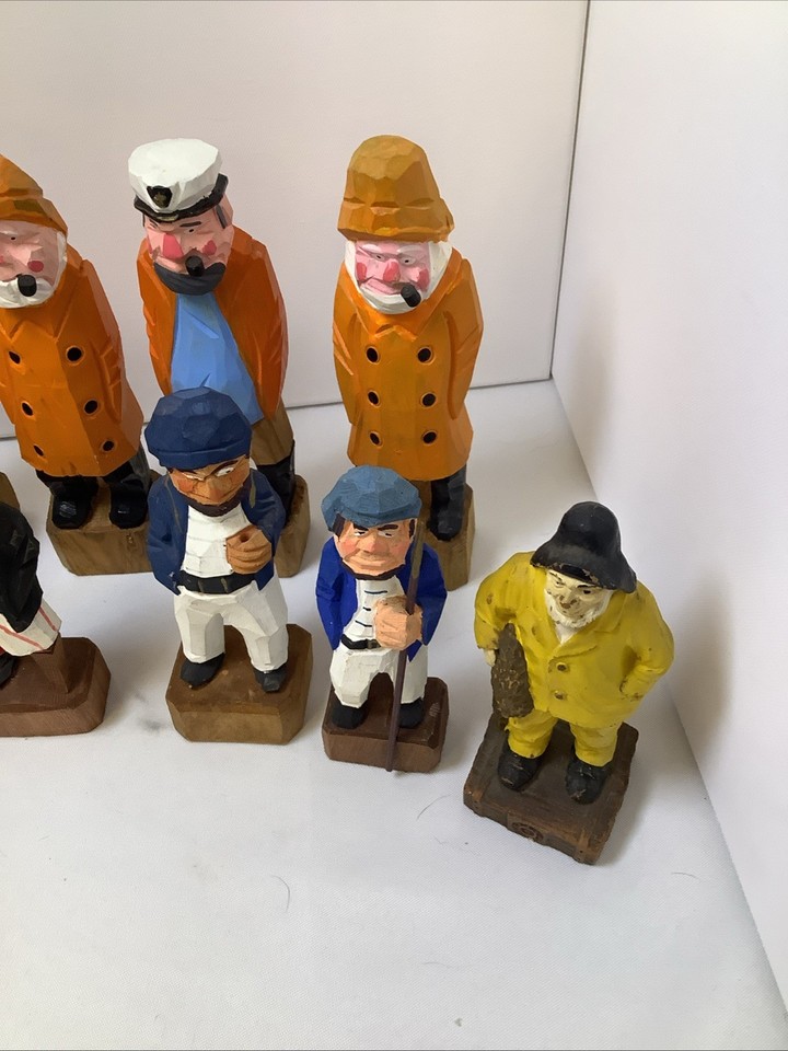 Set of 11 Vintage Nautical Hand Carved Wood Sea Captain Fisherman Folk ...