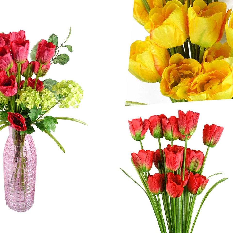 Pack of 6 x 80cm Artificial Tulip Stems Realistic Silk Flowers, Red or ...