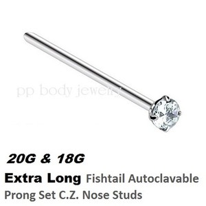 20G 18G 3/4" 2mm CZ Prong Set Surgical Steel Fishtail Autoclavable Nose ...