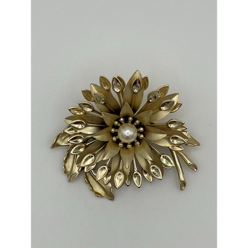 Gold Tone Floral Brooch Faux Pearl 3" Lapel Pin Statement Piece | eBay