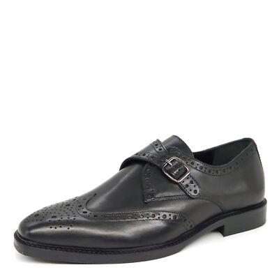 Mens Leather Monk Strap Single Buckle Brogue Shoe Black HX London ...