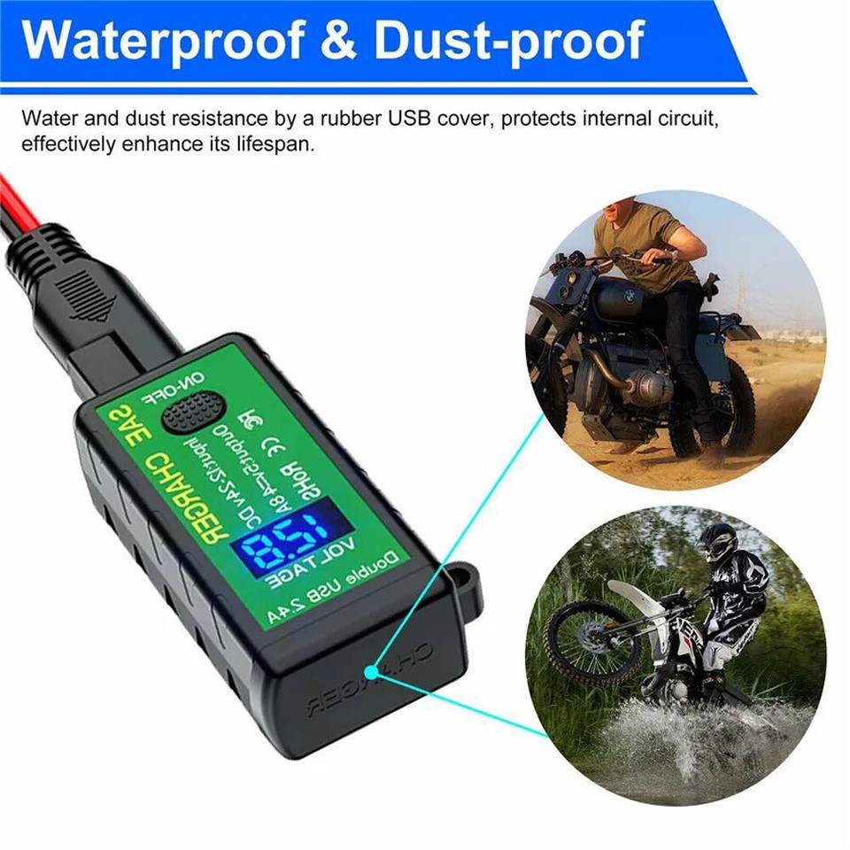 US Waterproof Motorcycle SAE To Dual USB Charger Port Voltmeter Adapter ...