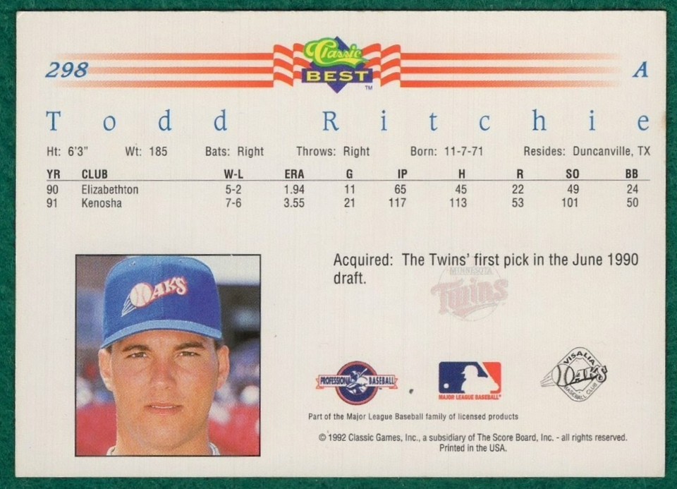 Todd Ritchie - 1992 Classic Best #298 - Visalia Oaks Baseball Card | eBay