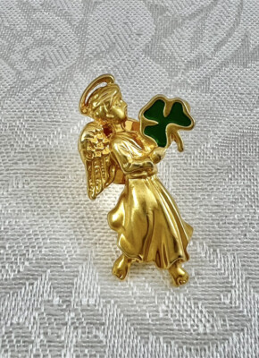 Signed Avon St. Patrick's Day Angel IRISH Shamrock Clover Gold Tone Pin ...