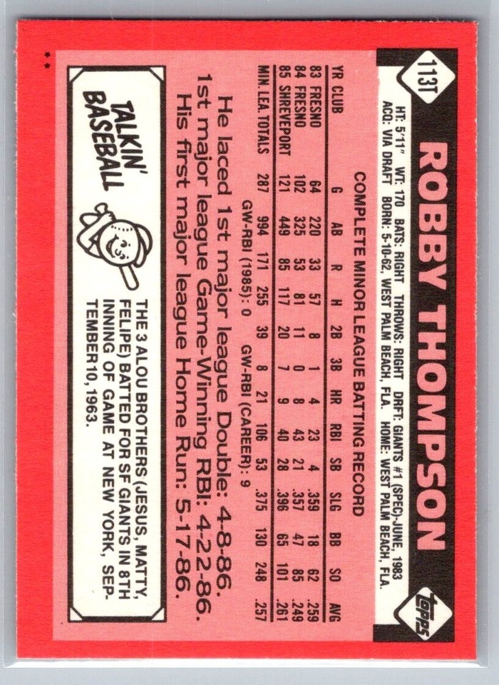 1986 Topps Traded Robby Thompson Rookie Baseball Card #113T Giants RC ...