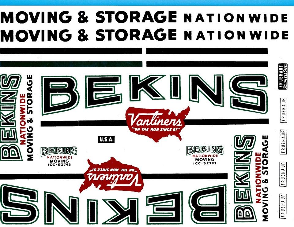 REPRO DECALS --REVELL '55 KENWORTH FREUHAUF BEKINS MOVING VAN or MOBIL ...