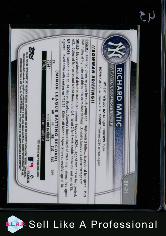 RICHARD MATIC TOPPS 130/175 BP-71 2025 CHROME BOWMAN MLB NEW YORK ...