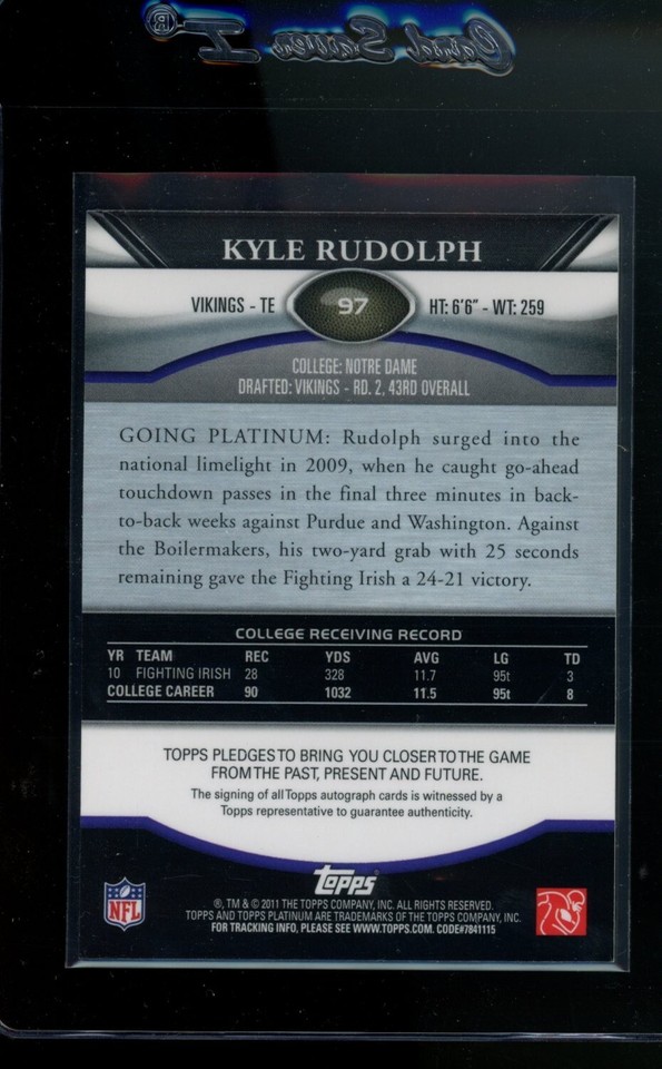 2011 Kyle Rudolph Topps Platinum Green RC Auto /150 Vikings on card ...