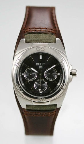 Relic Watch Mens Stainless Silver Leather Brown 50m Gray Day Date 24hr ...