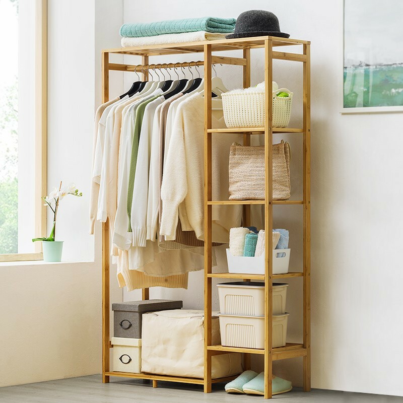 6 Tier Bamboo Garment Rack Storage Shelves Clothes Hanging Wardrobe ...