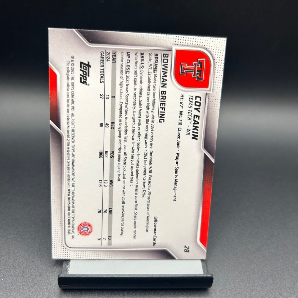 2025 Bowman Chrome U #28 Coy Eakin Purple Shimmer /75 Texas Tech Red ...