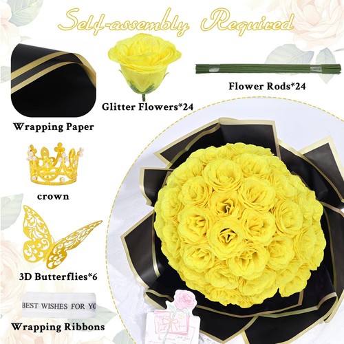 24 PCS Yellow Glitter Roses Bouquet DIY Shiny Artificial Fake Flowers ...