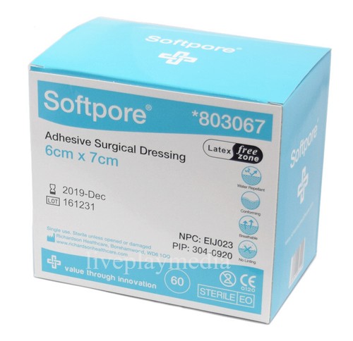 60 x Softpore Adhesive Dressings Sterile 6x7cm Cuts Burns Wounds First ...
