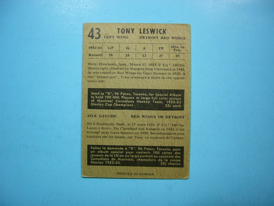 1953/54 PARKHURST NHL HOCKEY CARD #43 TONY LESWICK VG NICE!! 53/54 ...