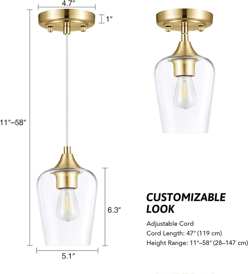 Mid-Century Modern Gold Pendant Light Fixtures with Glass Shade Brushed ...