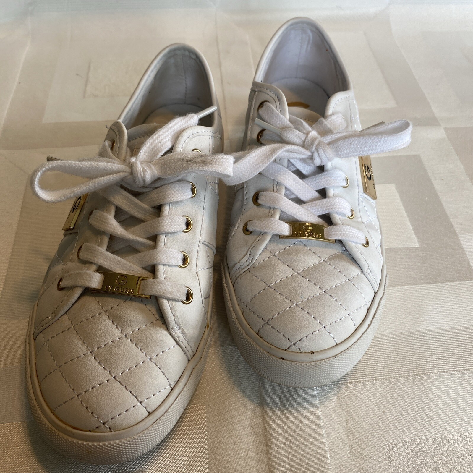 G By Guess Ladies White Lace Up Quilted Tennis Shoes… - Gem