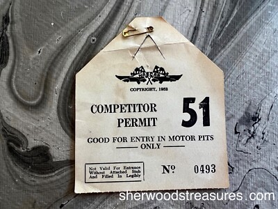 UNCOMMON 1952 NASCAR RACING COMPETITOR PERMIT ORIG PASS MOTOR PIT CREW ...
