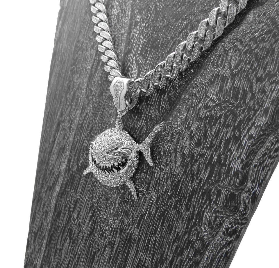 Iced Shark Pendant 16" 18" 20" 24" Full Iced Cuban Chain Bling 6ix9ine ...