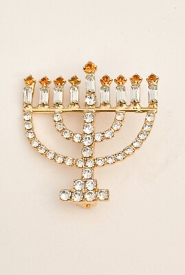 Vintage Hanukkah Menorah Clear & Amber Rhinestone Goldtone Brooch Pin ...