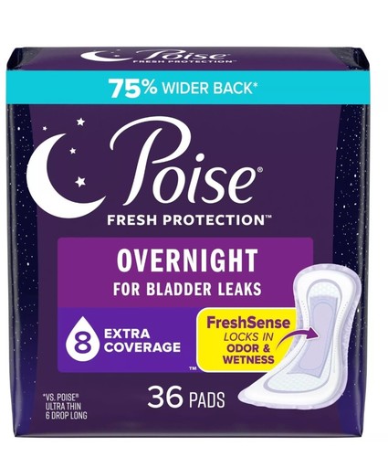 36 Ct Poise Overnight Incontinence Pads for Women, 8 Drop Extra ...