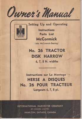 McCormick No. 26 Tractor Disk Harrow Owners Manual Setting Up & Parts ...