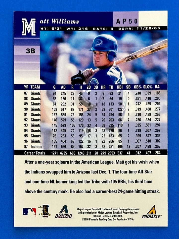 1998 Pinnacle Plus Artist's Proof Matt Williams Card #AP50 Diamondbacks ...