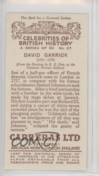 1935 Carreras Celebrities of British History Tobacco David Garrick #27 ...