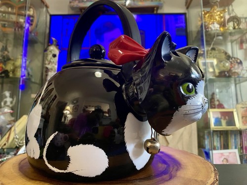 Black & White Cat Red Bow Teapot 1995 Metal Kitty Whistling Tea Kettle ...