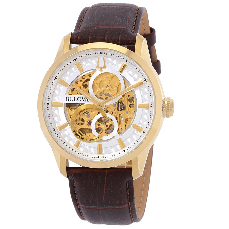 BULOVA MEN'S SUTTON AUTOMATIC SKELETON WHITE DIAL GOLD TONE ACCENTS ...