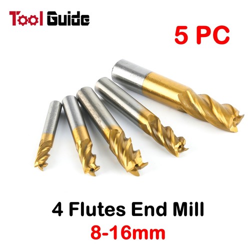 5PC 4 Flutes Finishing End Mill Cutter, 8mm-16mm, M2 HSS Titanium ...