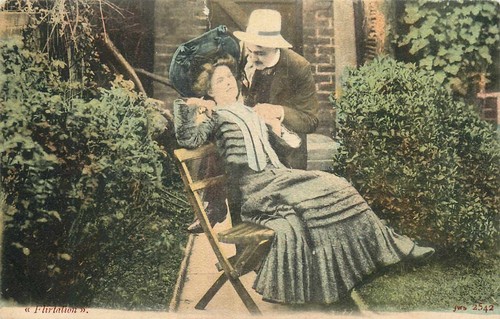 Postcard Romance Flirtation Victorian Woman Large Hat Accosted by Man ...