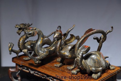 12'' Chinese bronze Gilt Myths and legends four beasts Suzaku Xuanwu ...