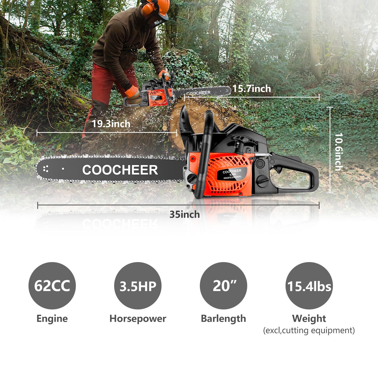 COOCHEER Gas Chainsaw 62CC 2-Stroke Gas Powered Chainsaw Tree Stumps w ...