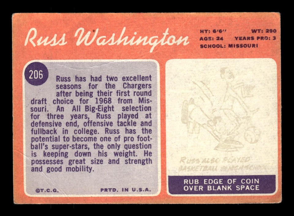 Russ Washington 1970 Topps #206 San Diego Chargers GD | eBay