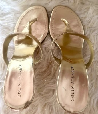 Colin Stuart Gold Leather Thong Stiletto Heels Womens Size 10 Slip On ...