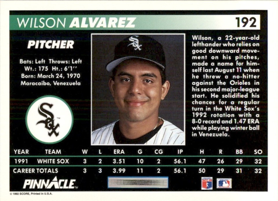 1992 Pinnacle Wilson Alvarez Chicago White Sox #192 Baseball Card | eBay