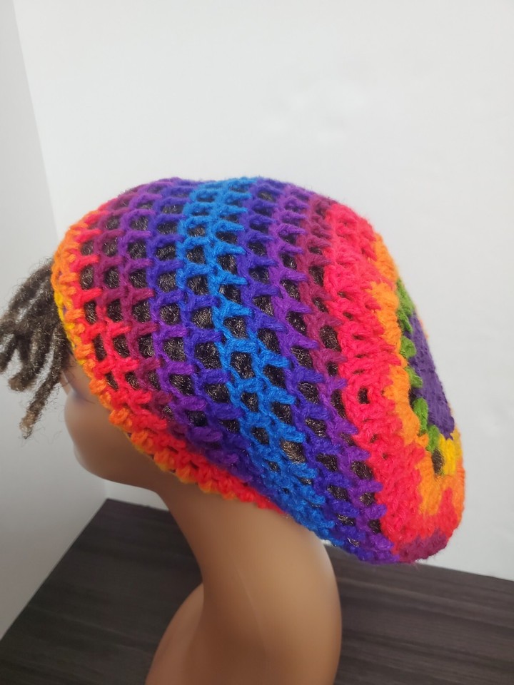 Rainbow Crochet Flower Tam Slouch Hat With Drawstring Handmade One Size ...