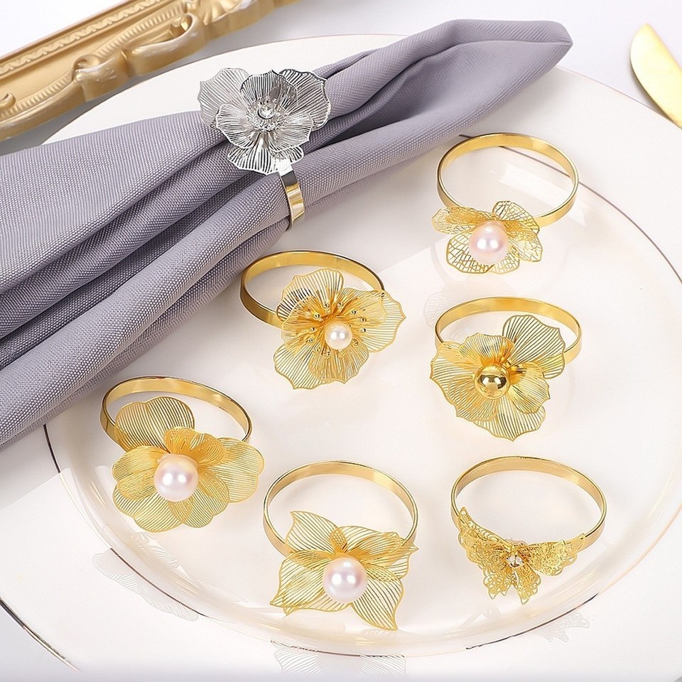 Wedding Table Decor Metal Napkin Rings Hollow Pearl Flower Set for ...