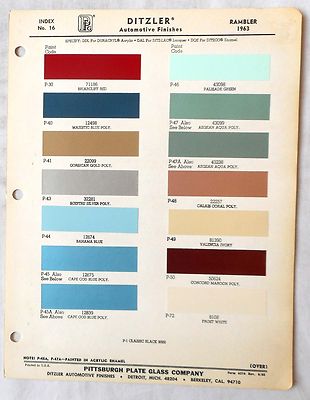 1963 AMC PPG Color Paint Chip Chart All Models