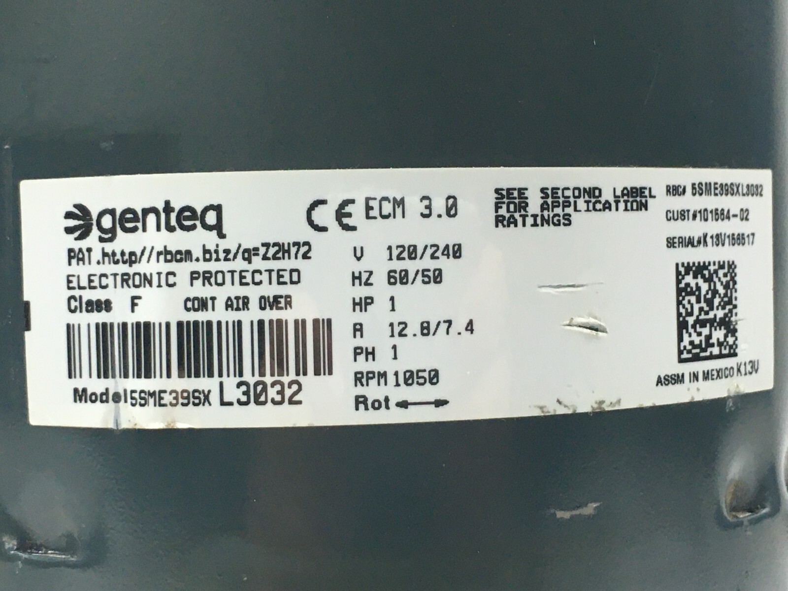 Genteq ECM 3.0 Blower Motor 5SME39SXL3032 1HP 120/240V 1050RPM 101564 ...
