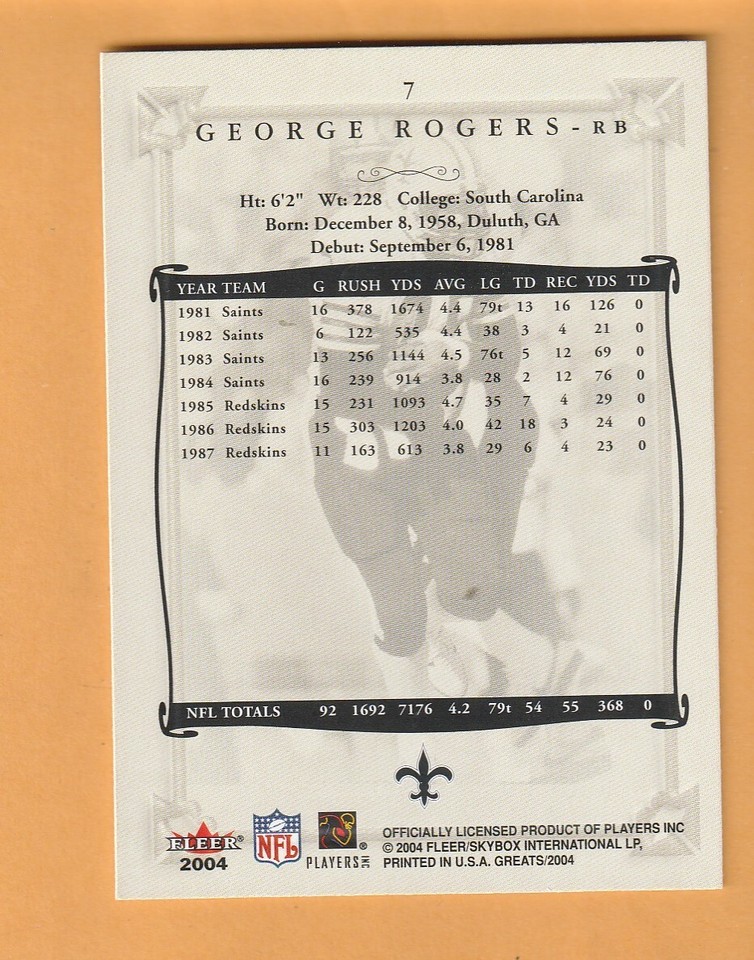 George Rogers New Orleans Saints 2004 Greats of the Game #7 South ...