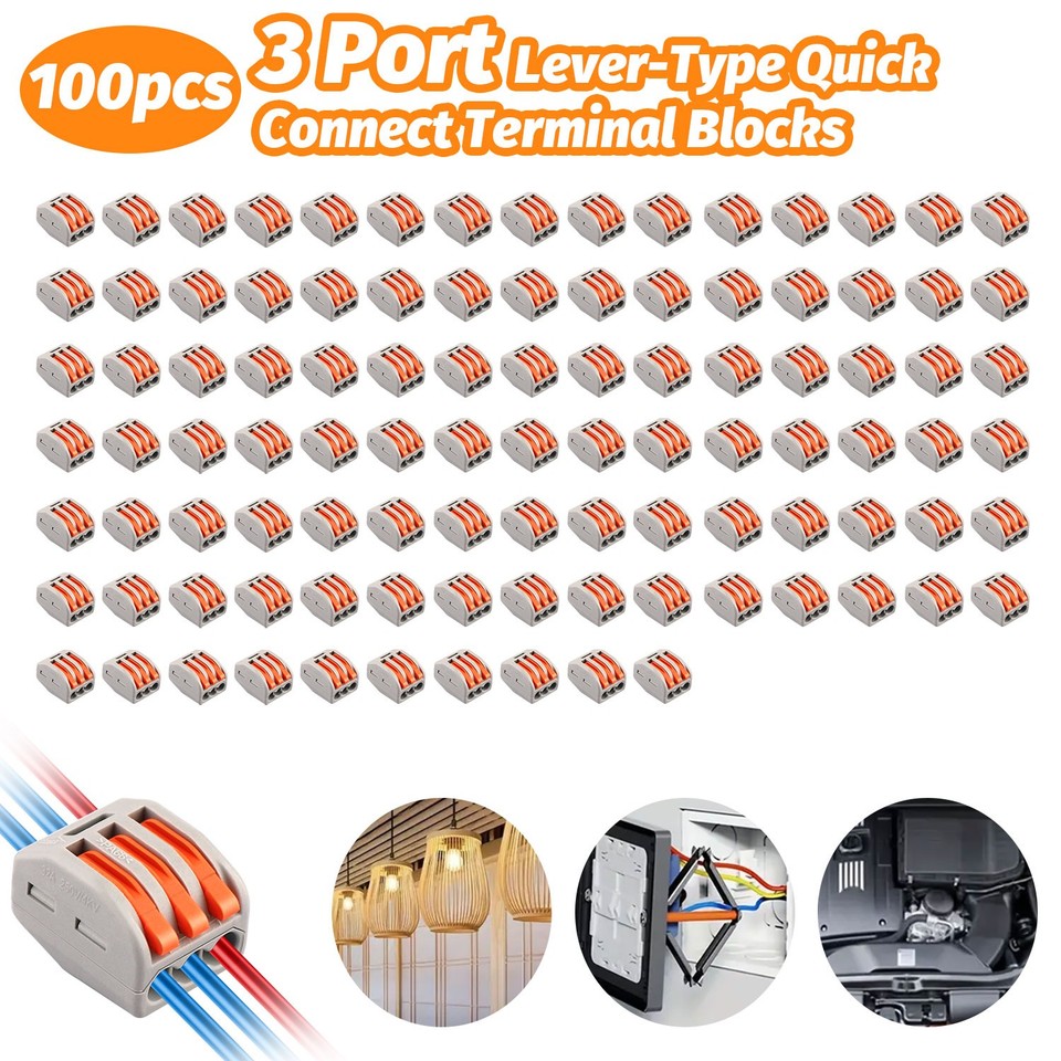 100 Reusable Spring Lever Terminal Block Electric 28-12AWG Wire Cable ...