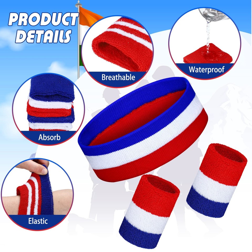 6 Set Kid Sports Sweatband Red White Blue Athletic Sweat Band American ...