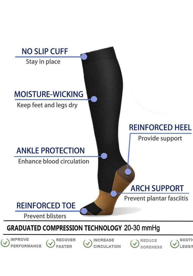 Unisex Copper Infused Anti-Fatigue Compression Socks Varicose Vein ...